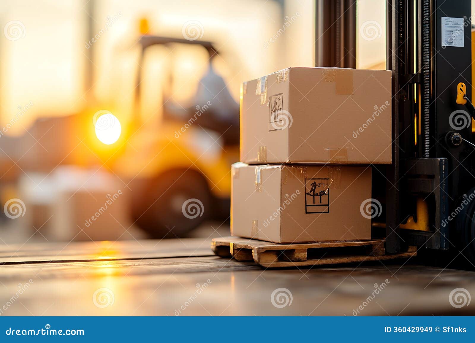Two Cardboard Boxes Sit on a Pallet Lifted by a Forklift at Sunset ...