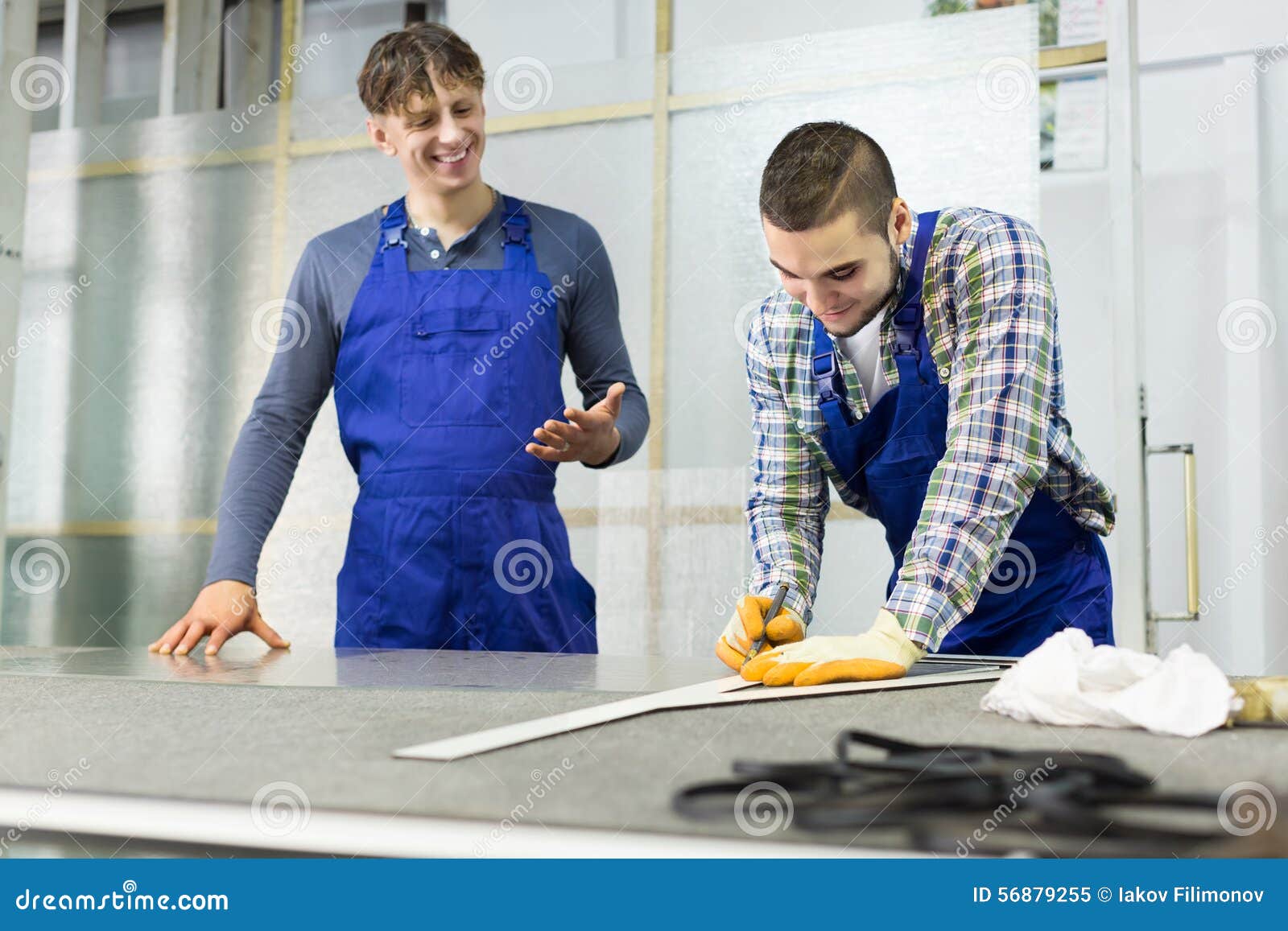 Two Careful Workmen Cutting Glass for Windows Stock Image - Image of ...