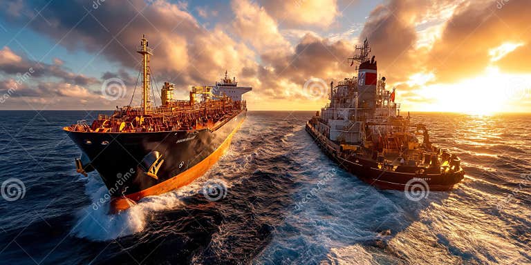 Two Cargo Ships Sailing on Ocean at Sunset with Dramatic Clouds Stock ...
