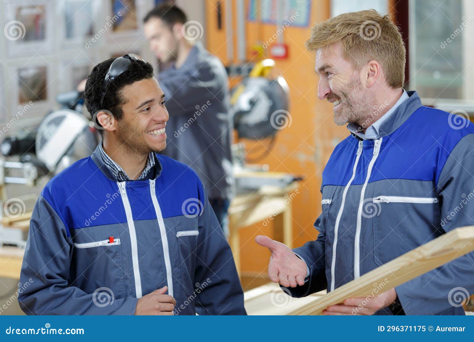 Two Carpenters Holding Plank Wood and Laughing Stock Image - Image of ...