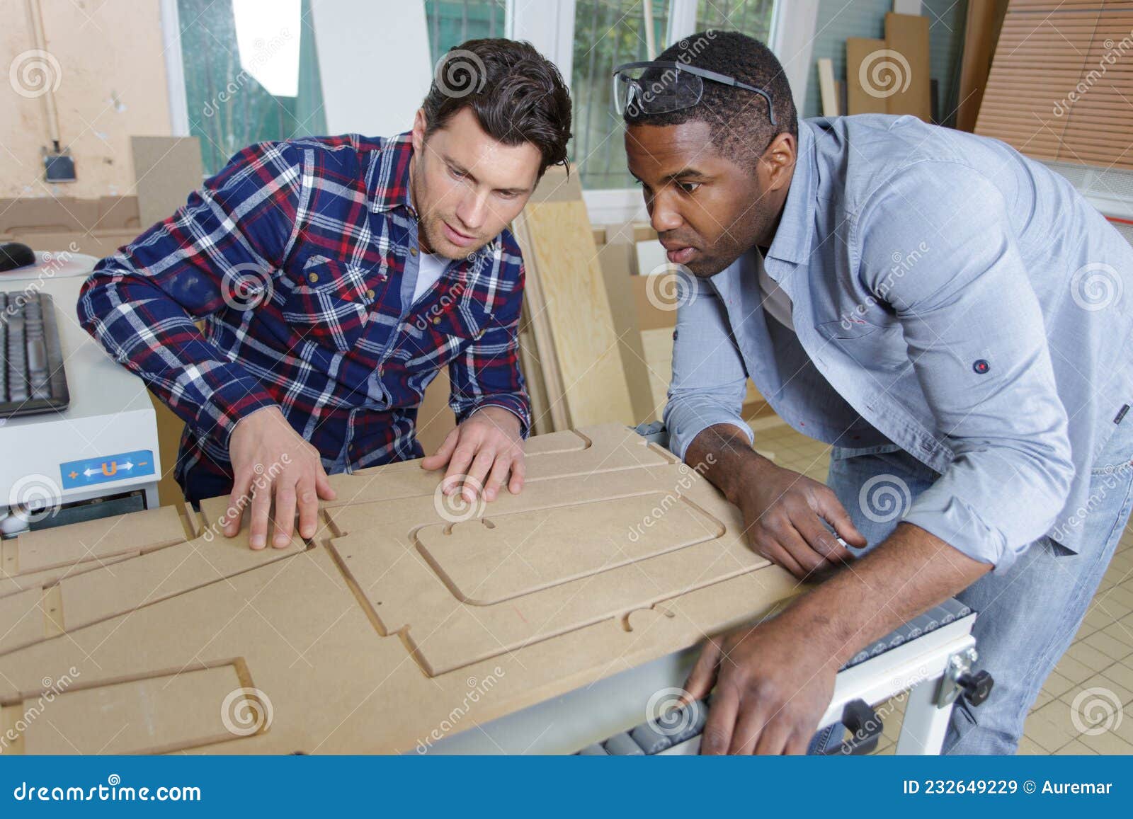 Two Carpenters Working on Wood in Workshop Stock Image - Image of ...
