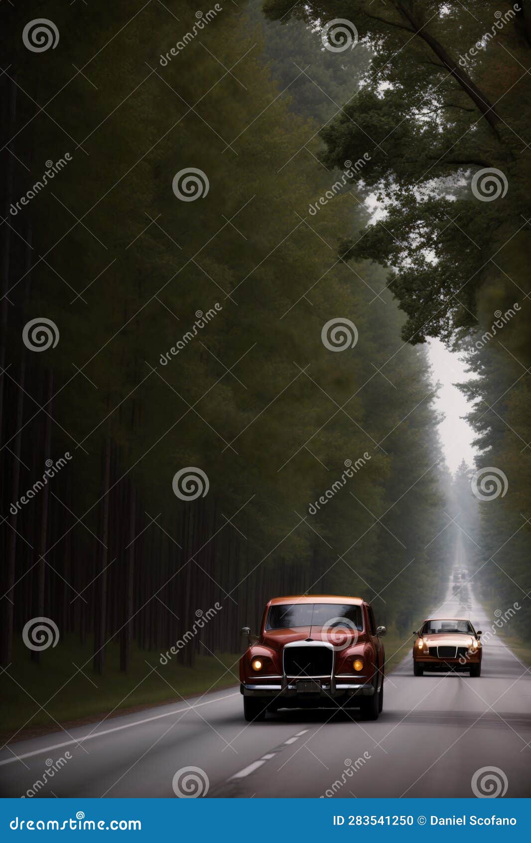 Two Cars Driving Down a Tree Lined Road. Generative AI Stock ...