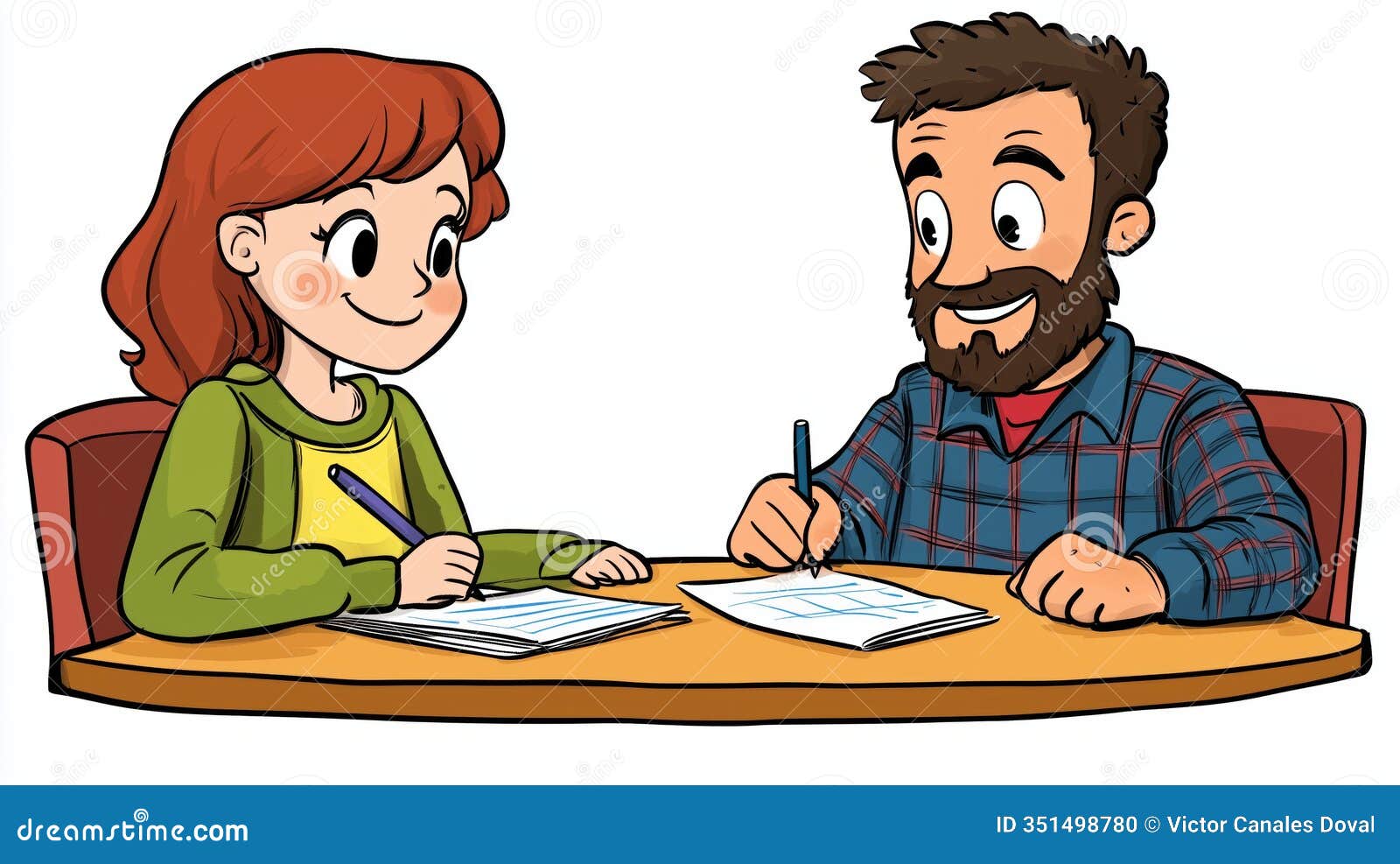 Two Cartoon Adults Writing Notes while Studying Together at a School ...