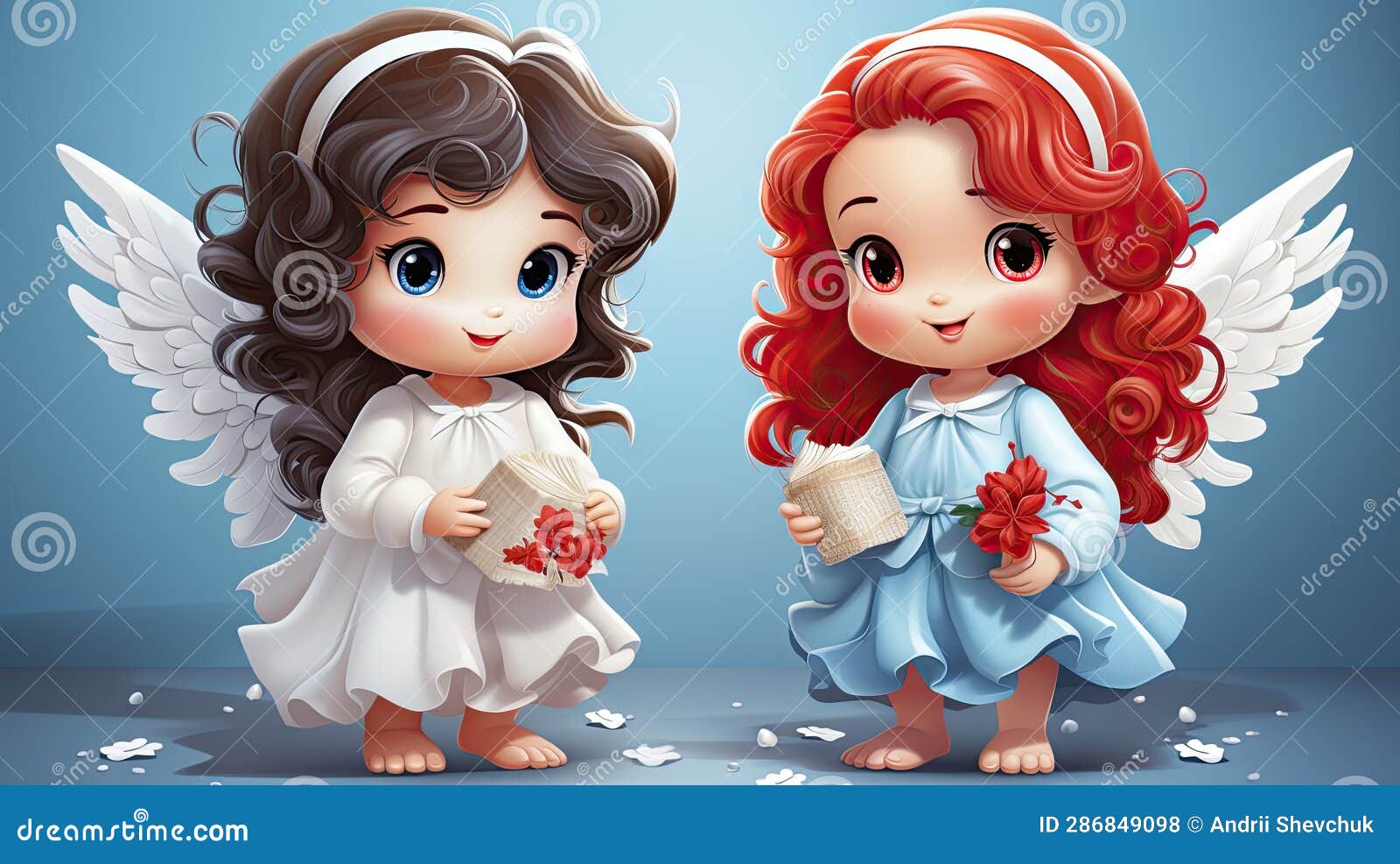 Two Cartoon Angels with a Gift in Their Hands. Vector Illustration ...