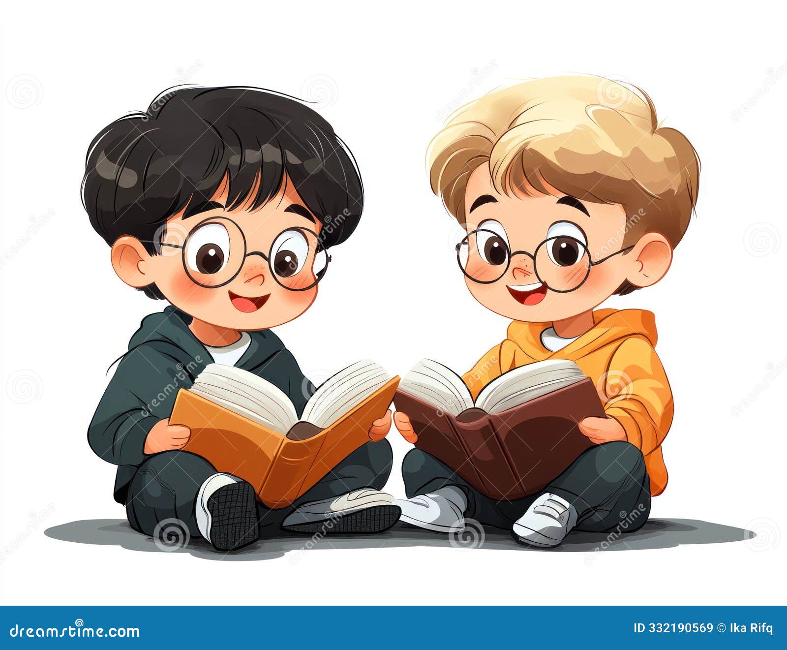 Two Cartoon Boys Reading Books Illustration Stock Illustration ...