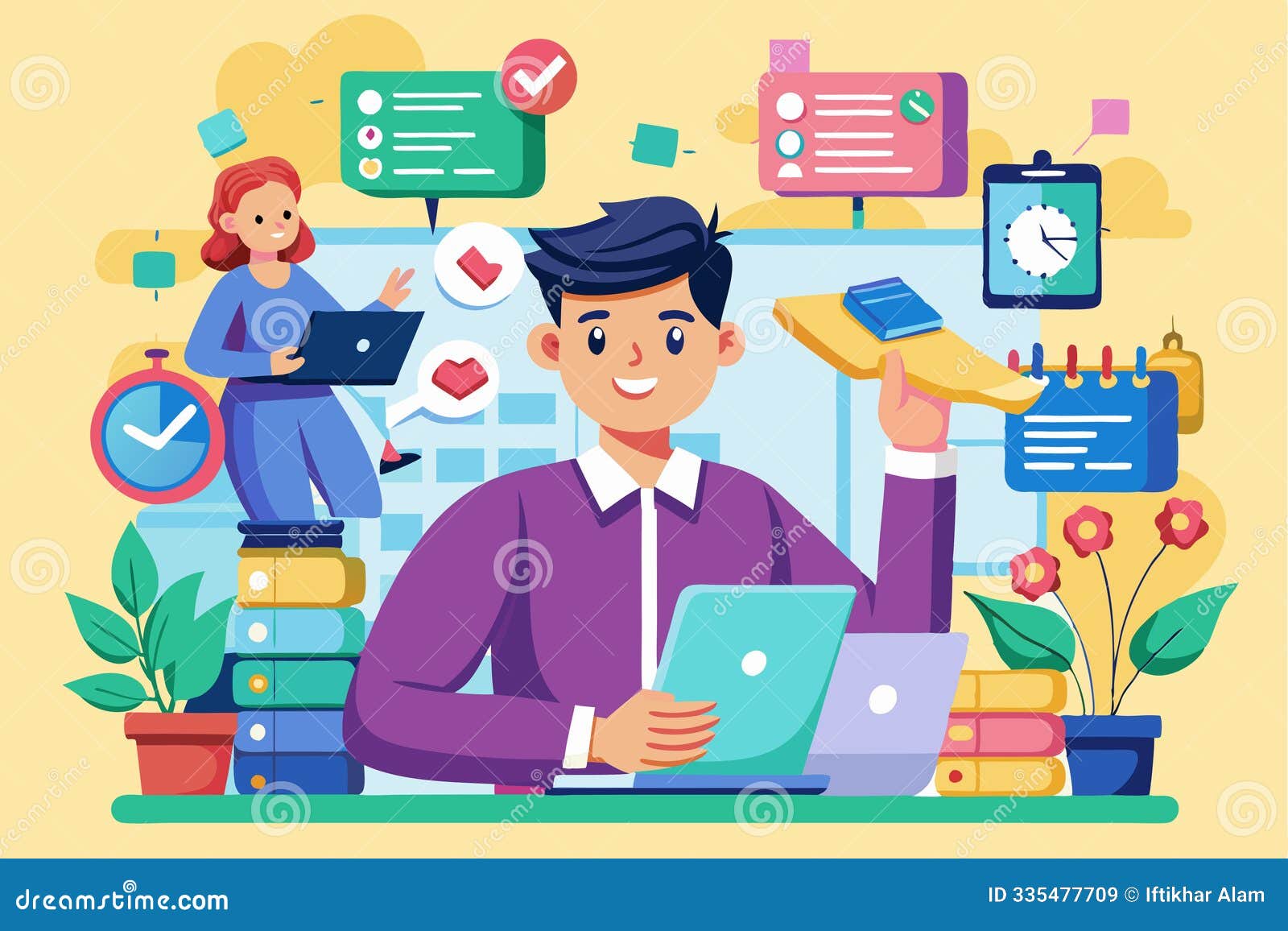 Two Cartoon Characters are Busy Organizing Various Projects while Using ...