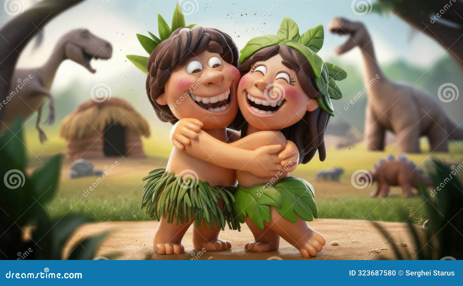 Two Cartoon Characters Hugging Each Other in a Field with Dinosaurs, AI ...