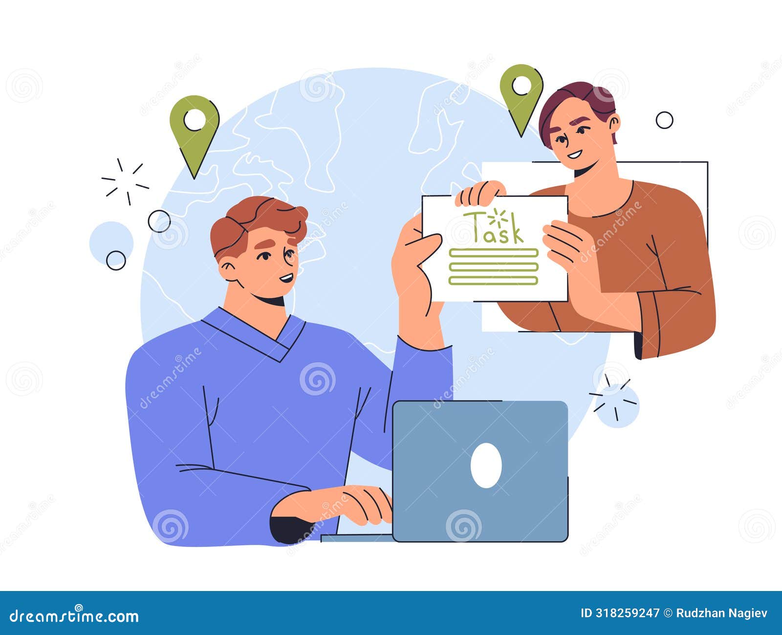 Two Cartoon Characters Planning a Task with a World Map Background ...