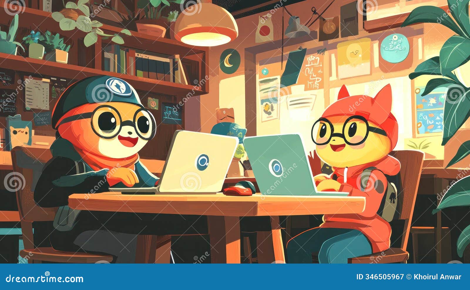Two Cartoon Characters Working on Laptops in a Cafe Stock Image - Image ...