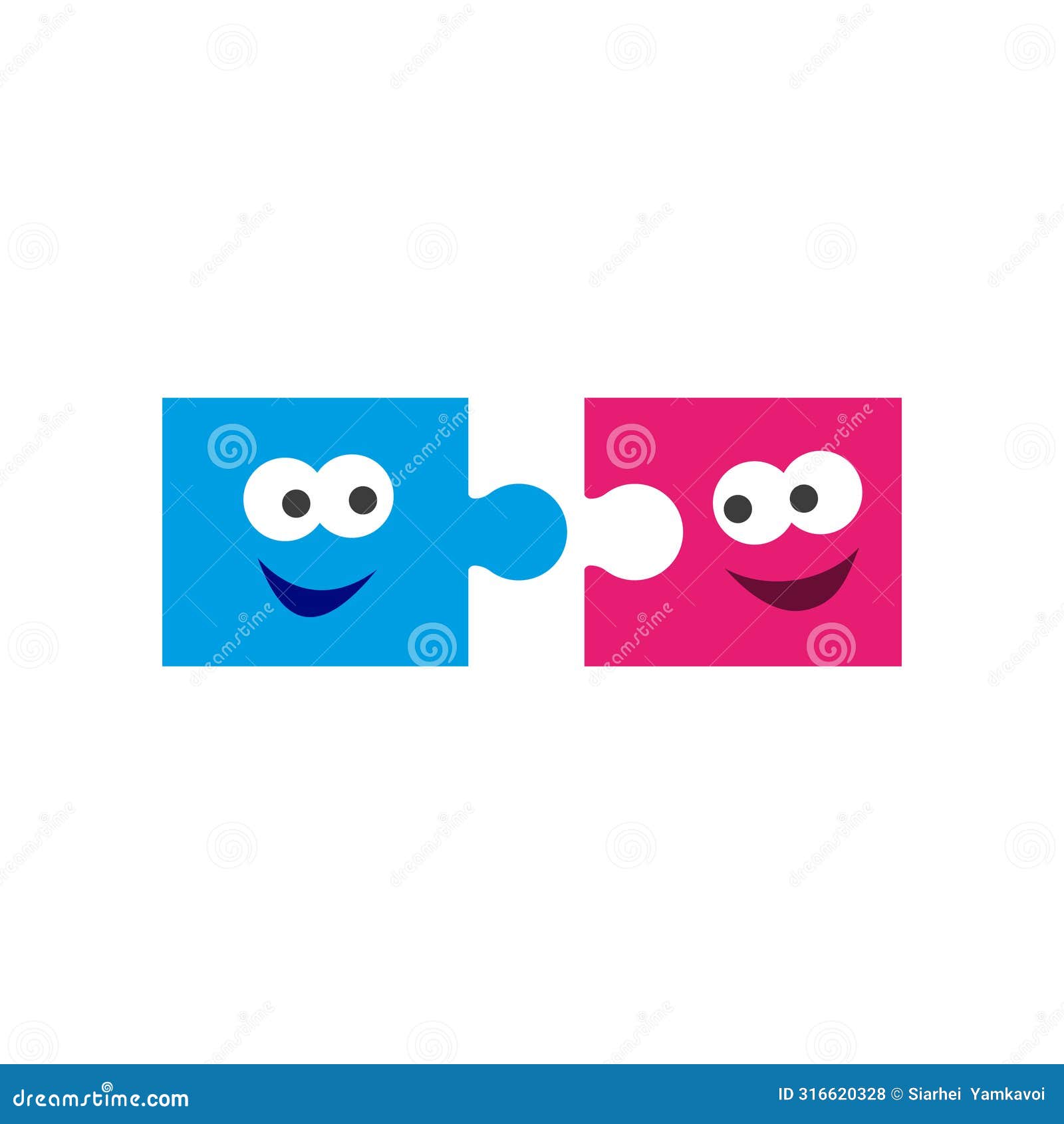 Two Cartoon Cute Puzzle Pieces with Funny Faces. Stock Vector ...