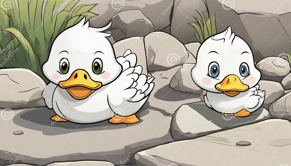 Two Cartoon Ducks Standing on Rocks Stock Illustration - Illustration ...