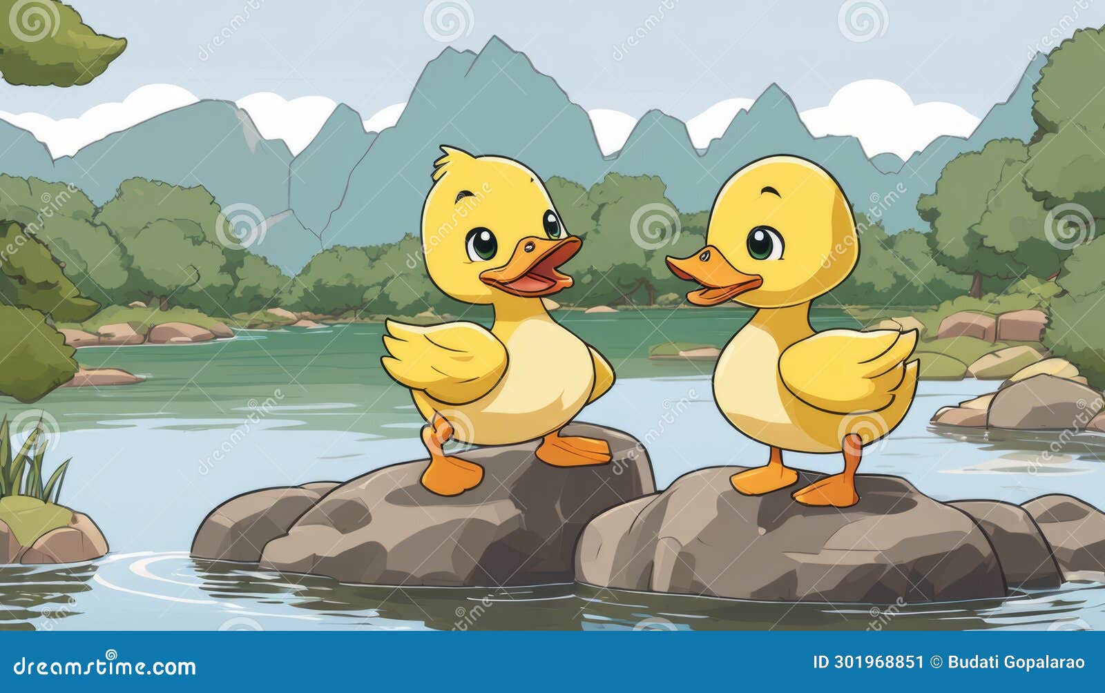 Two Cartoon Ducks Standing on Rocks in a River Stock Illustration ...