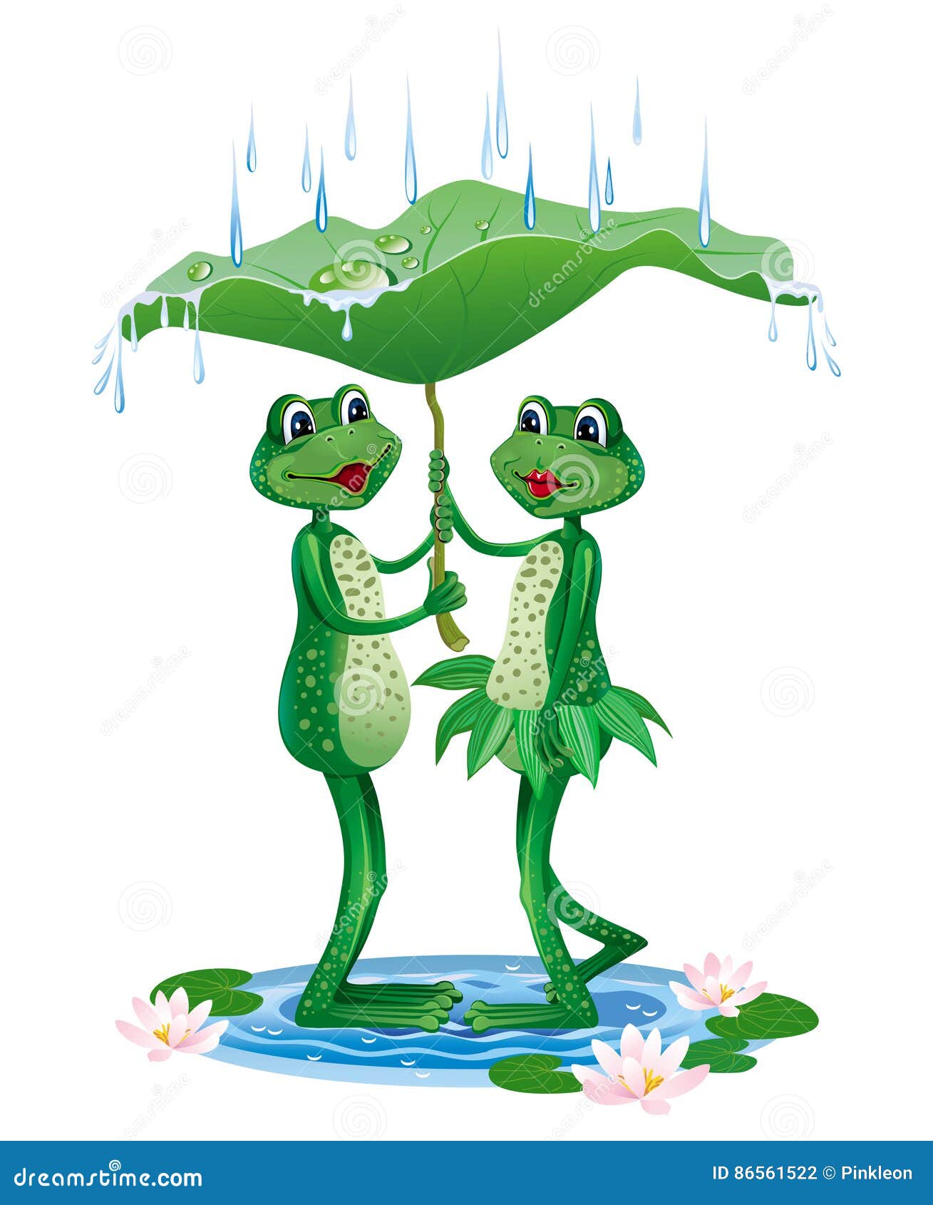 Two Cartoon Frog Hiding Under a Leaf from the Rain Stock Illustration ...