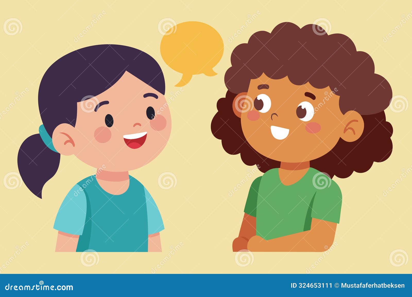Two Cartoon Kids Chat Cheerfully, One Speaking with a Speech Bubble ...