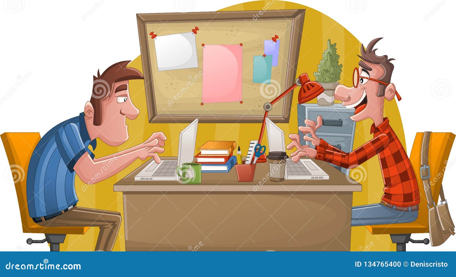 Two Cartoon Men Working with Computer. Office Workspace with Desks ...