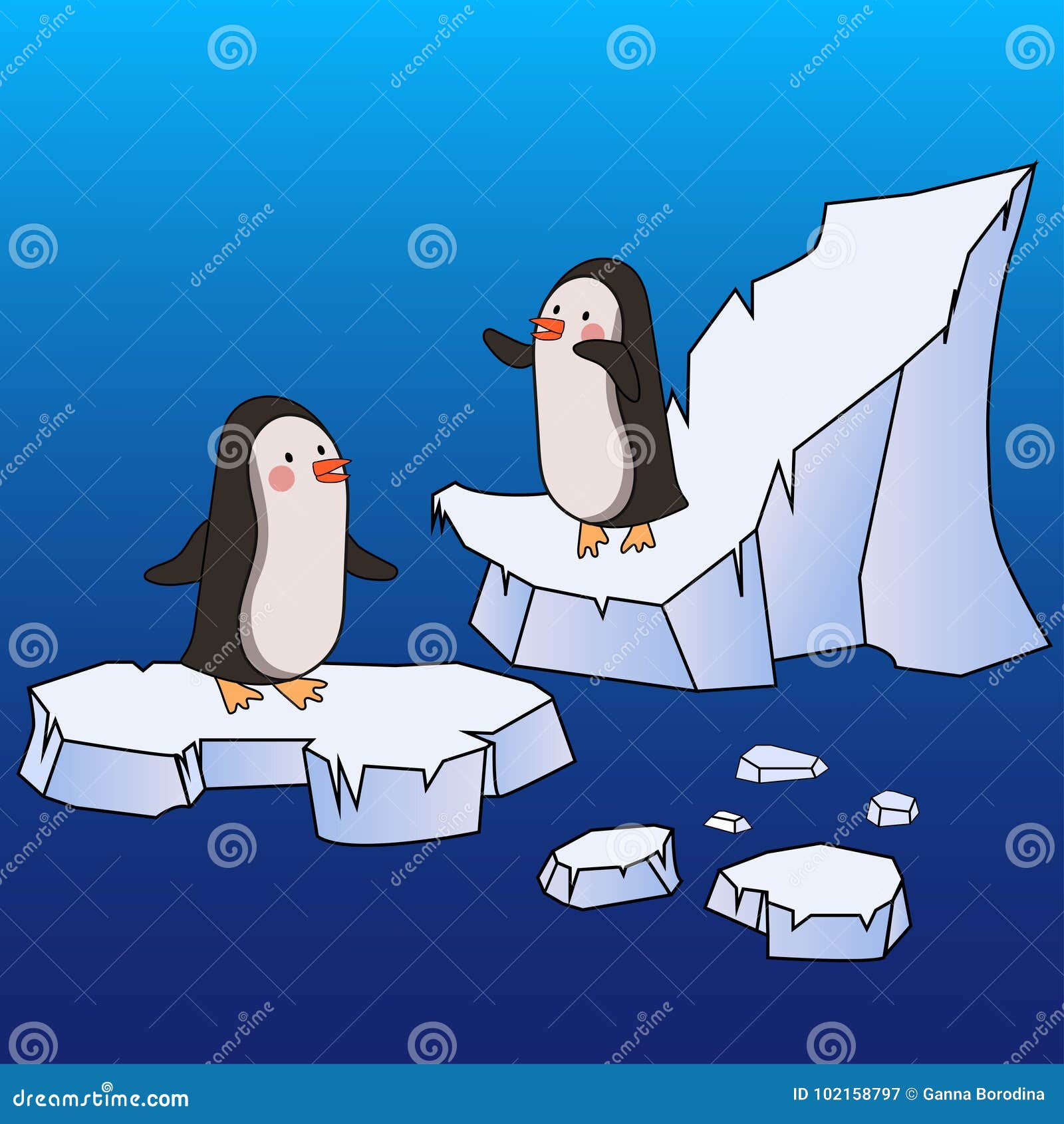 Two Cartoon Penguins on an Ice Floe and Ice Cliff Stock Vector ...