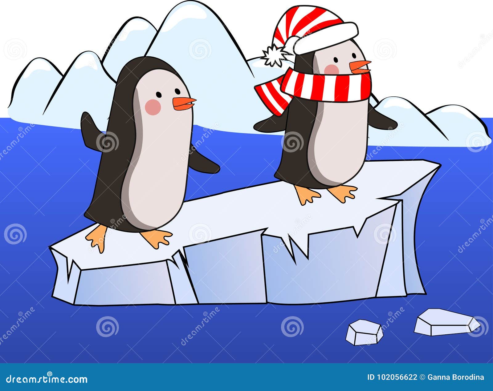 Two Cartoon Penguins on an Ice Floe Looking Forward. One in Scarf and a ...