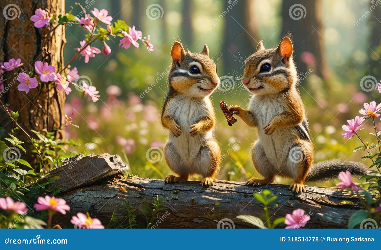 Two Cartoon Squirrels are Standing on a Log in a Forest, with One ...