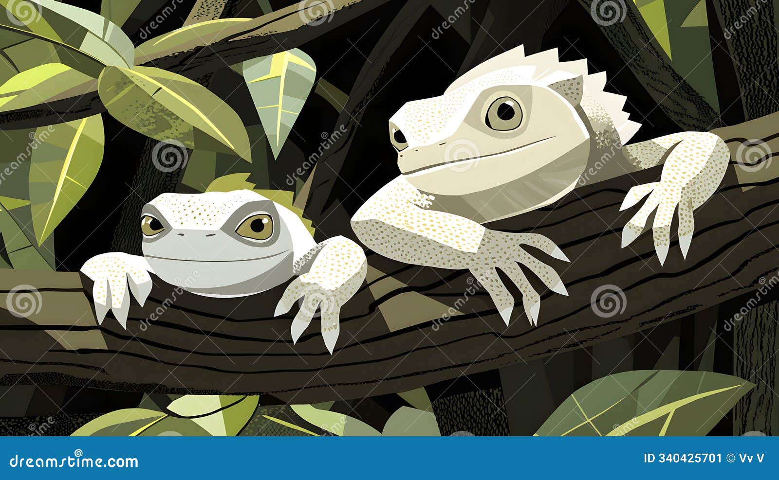 Two Cartoon-style Lizards on a Branch Stock Image - Image of green ...