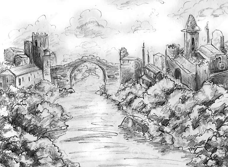 Two Castles and Bridge Landscape Stock Illustration - Illustration of ...