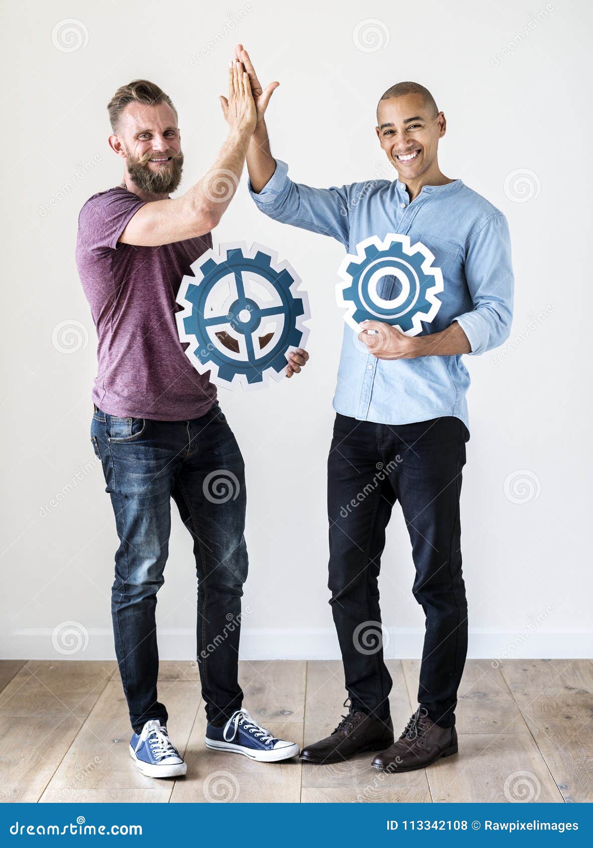 Two Casual Man Holding Cog Icons Stock Photo - Image of friend ...