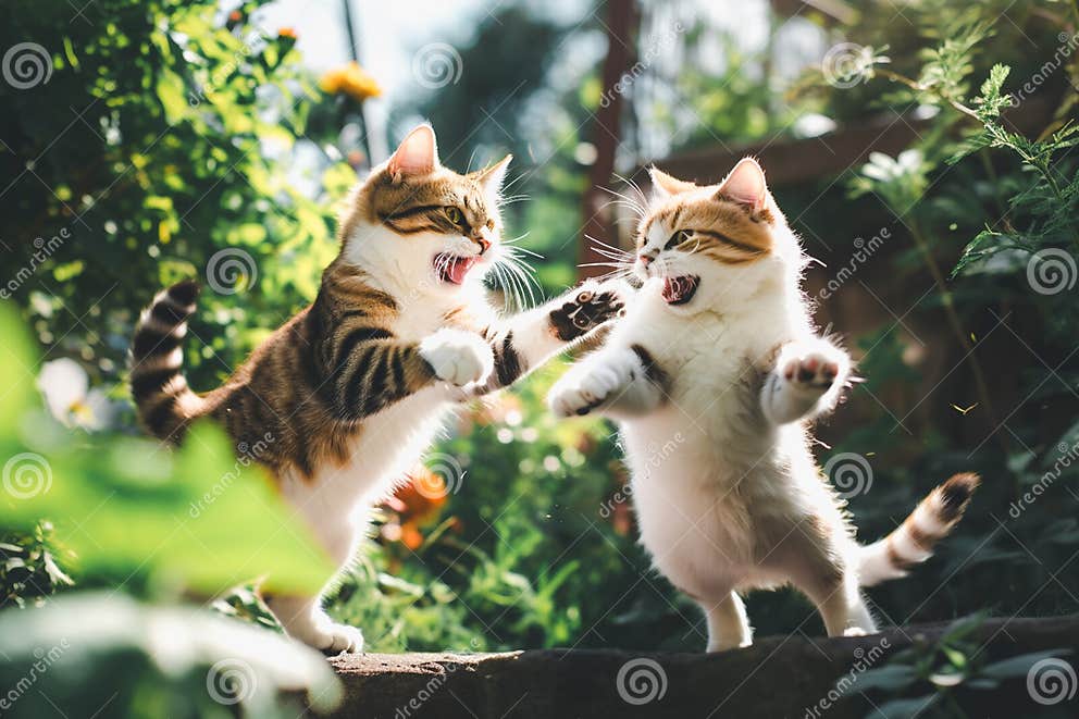 Two Cat Fighting in Morning Light, Playing in Backyard, Generative AI ...