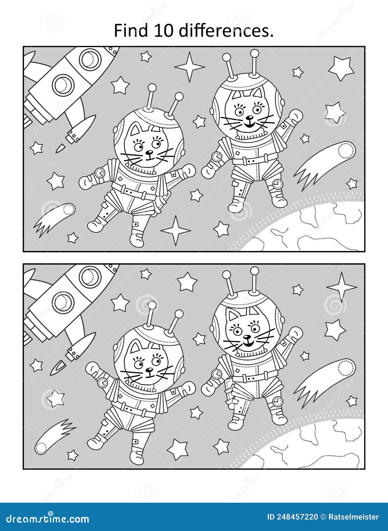 Two Cats The Astronauts In Outer Space. Find 10 Differences Picture ...