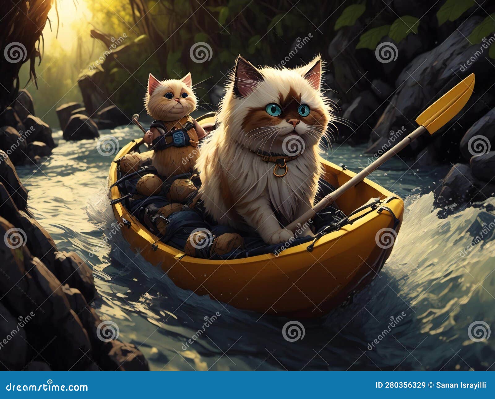 Two Cats in a Boat on the River. Generative Ai Stock Illustration ...