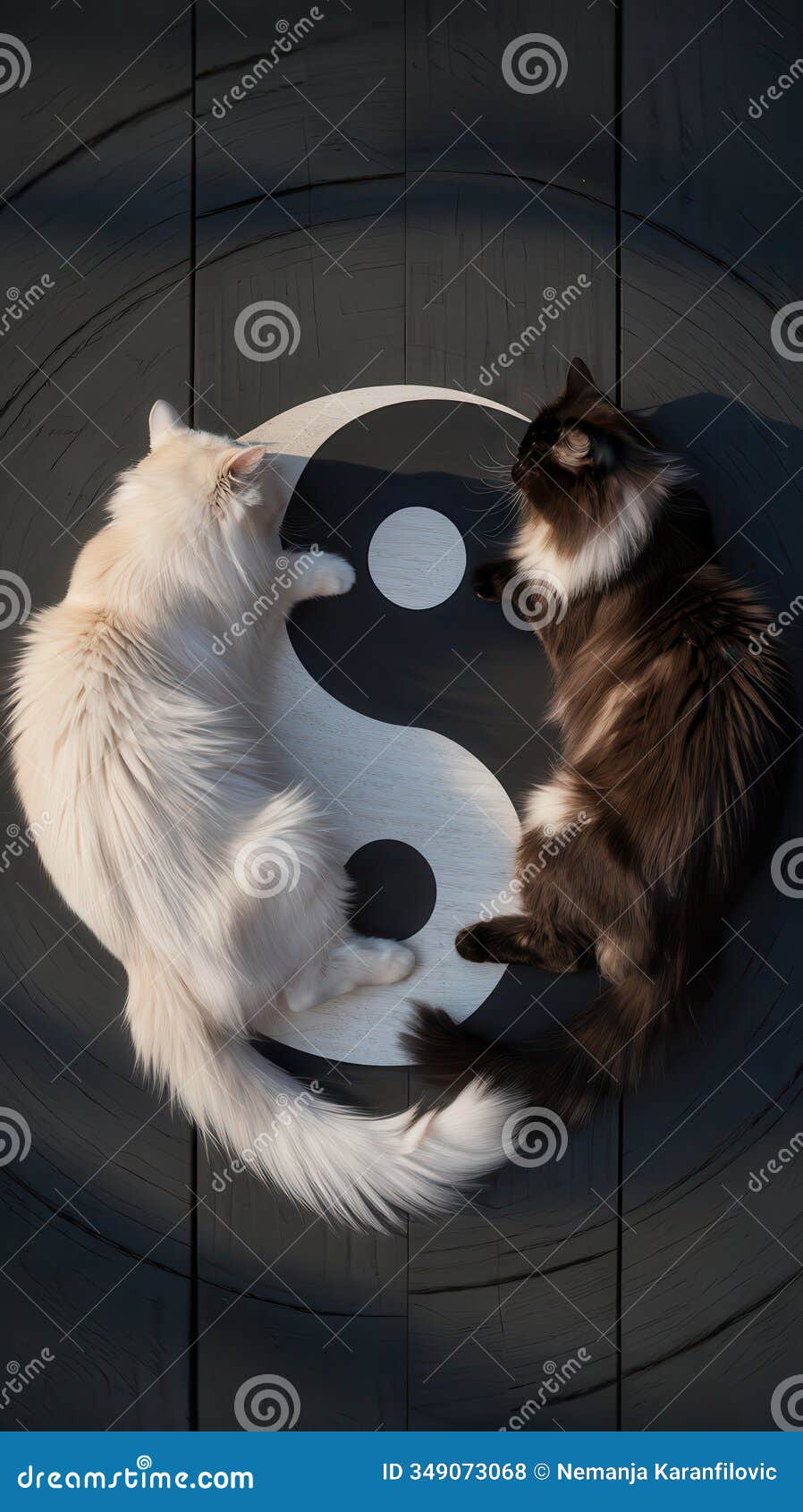 Two Cats on Circular Mat with Yin-yang Symbol in Background Stock ...