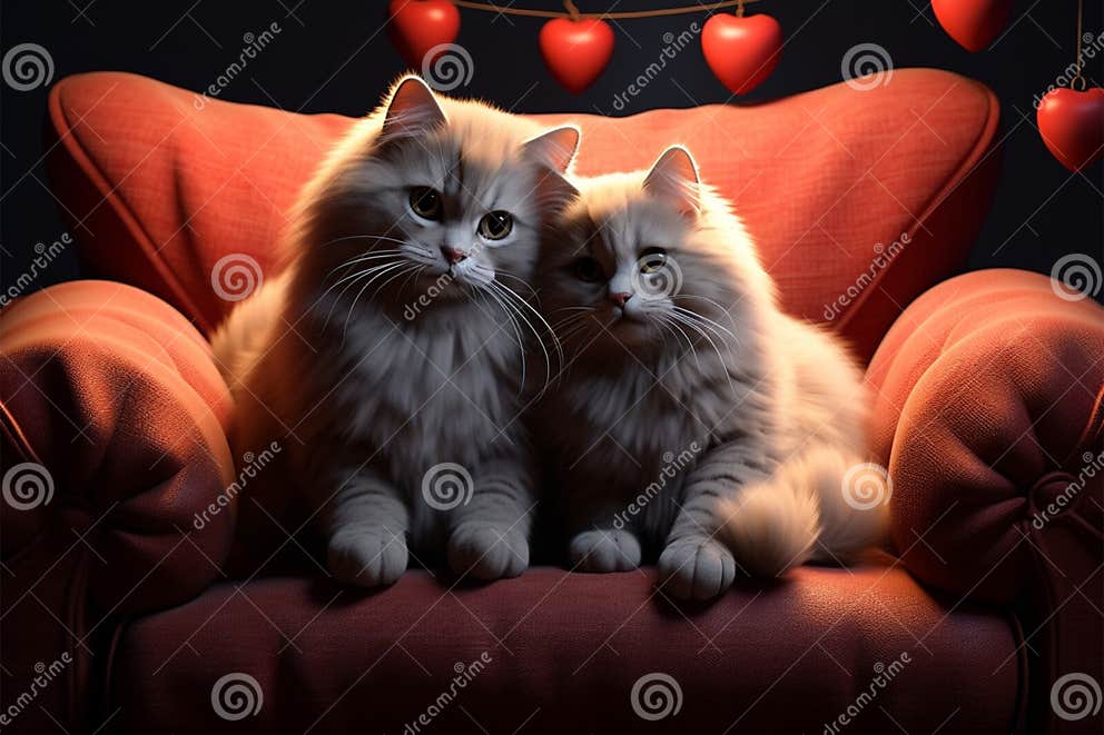 Two Cats Cuddle on a Sofa, Holding a Heart Stock Illustration ...