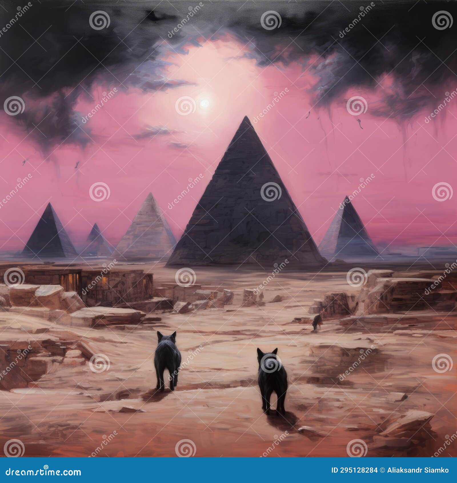 A Two Cats in Desert with Pyramids Stock Illustration - Illustration of ...