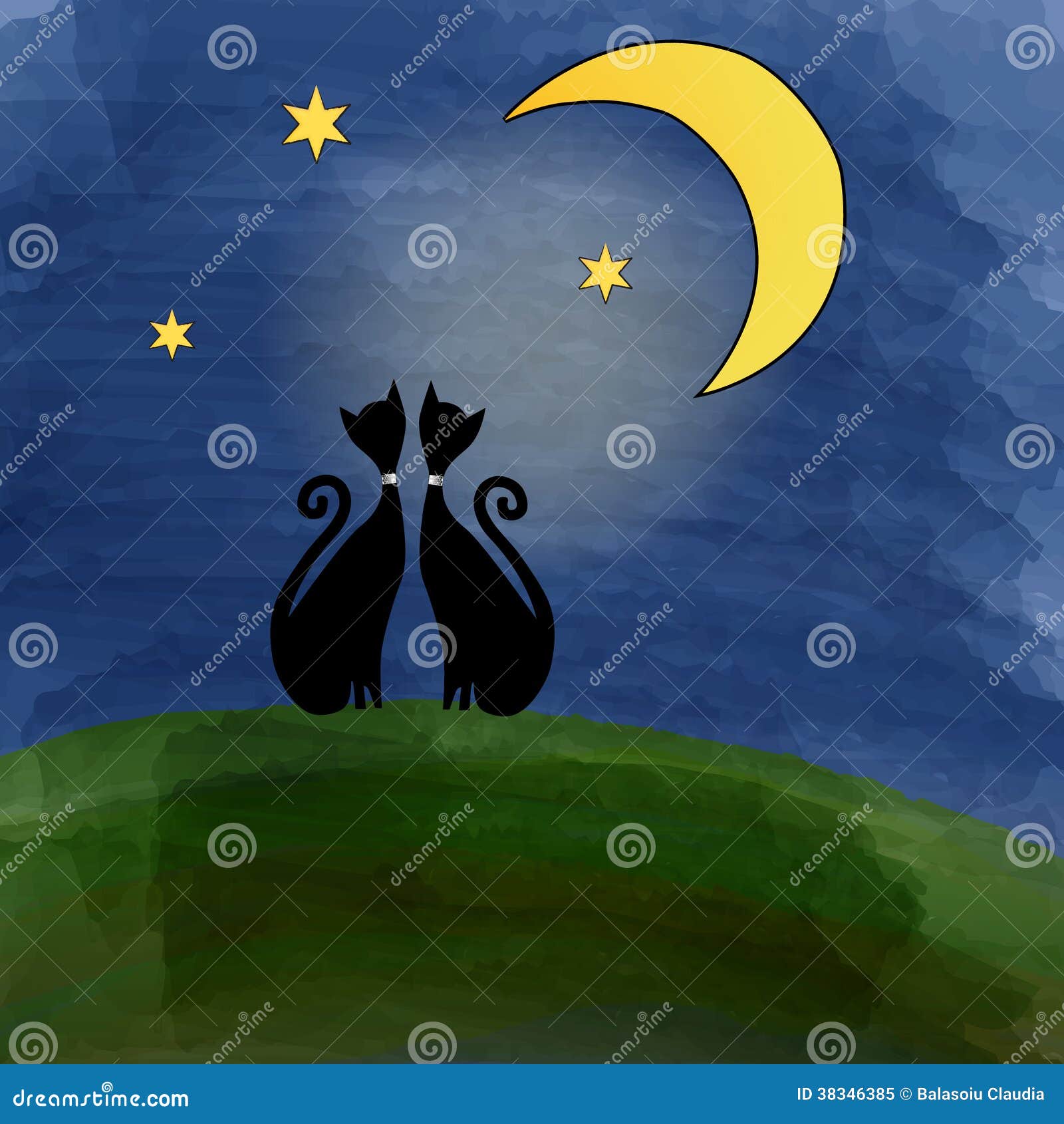Two Cats on a Meadow Under the Moon Stock Illustration - Illustration ...