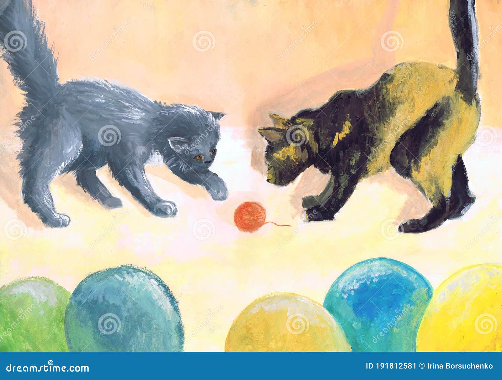 Two Cats Play with a Tangle of Wool Threads. Children`s Drawing Stock ...