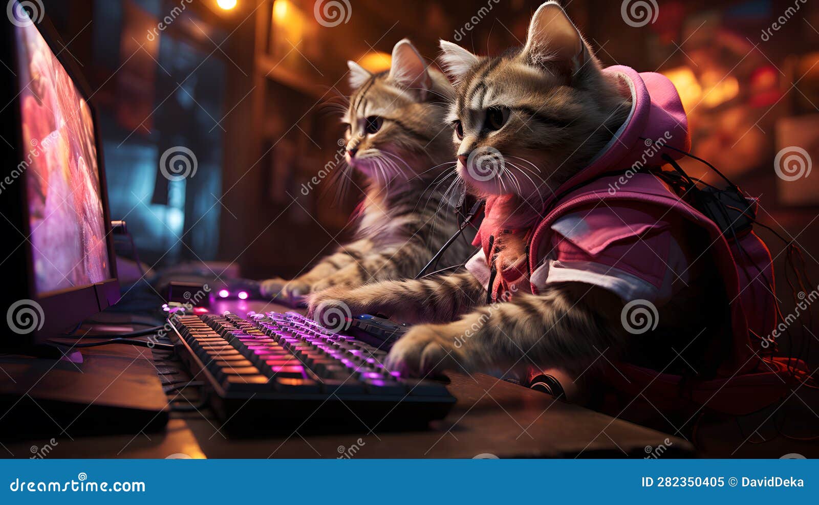 Two Cats are Playing Computer Games in a Dark Room at Night. Ai ...