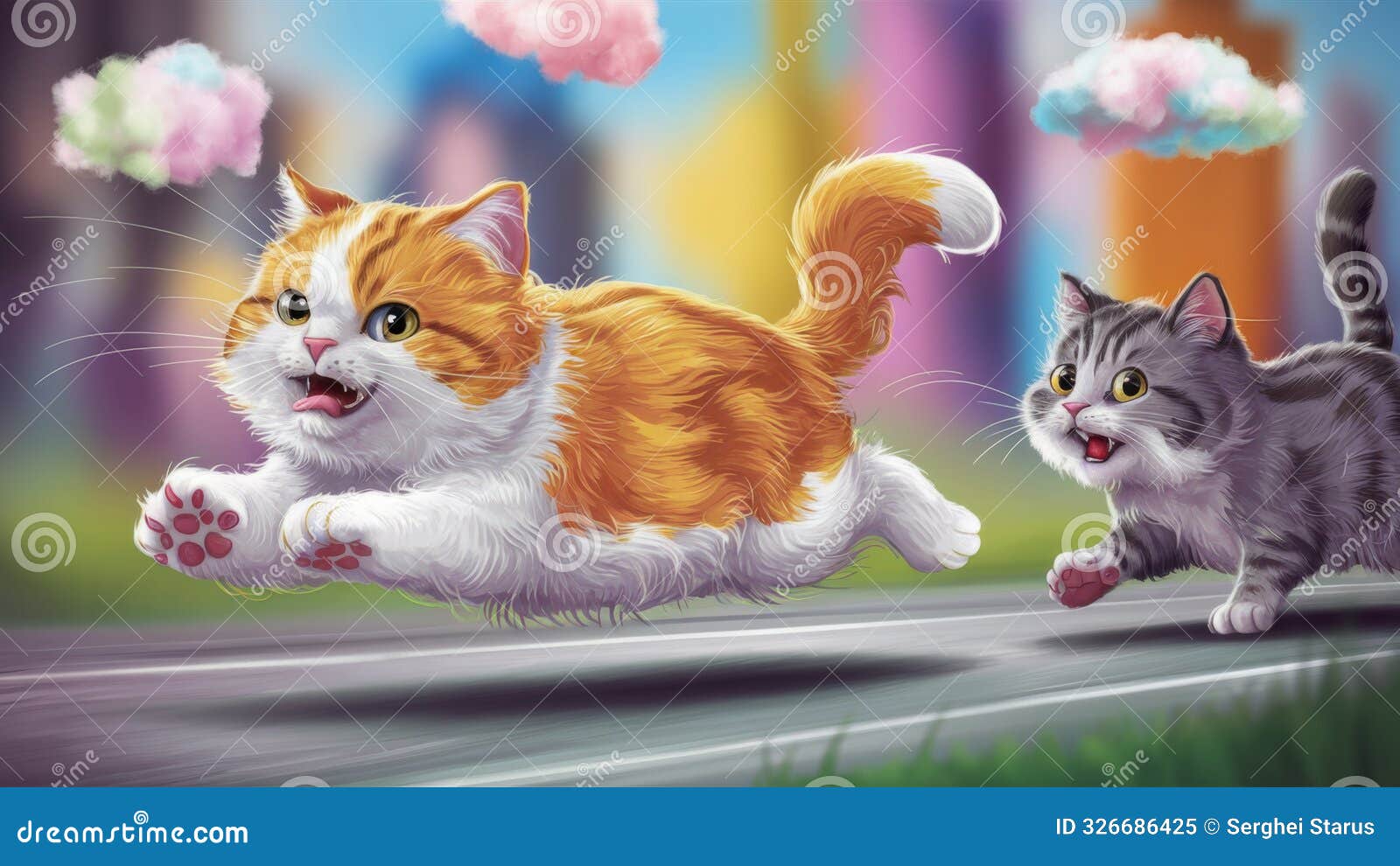 Two Cats Running Down a Street with Clouds in the Sky, AI Stock Image ...