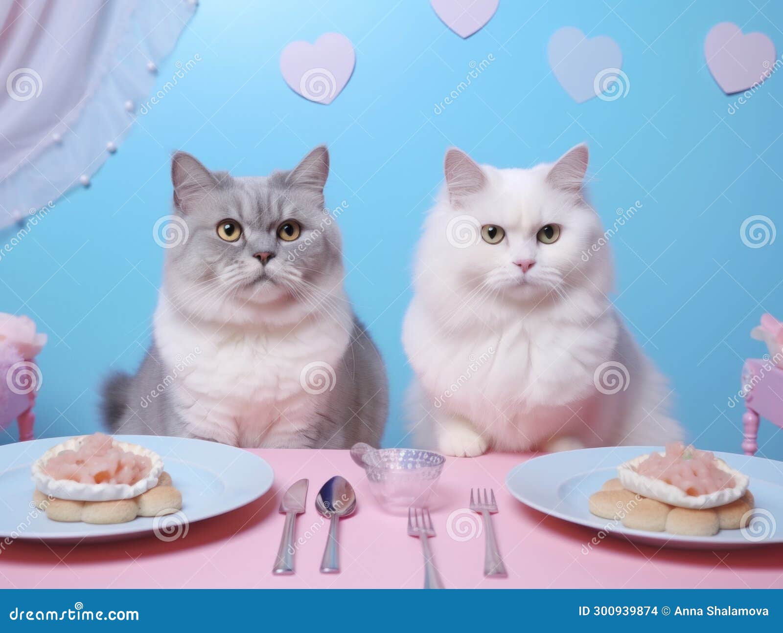 Two Cats Seated at a Dining Table. the Concept is a Playful Dinner Date ...