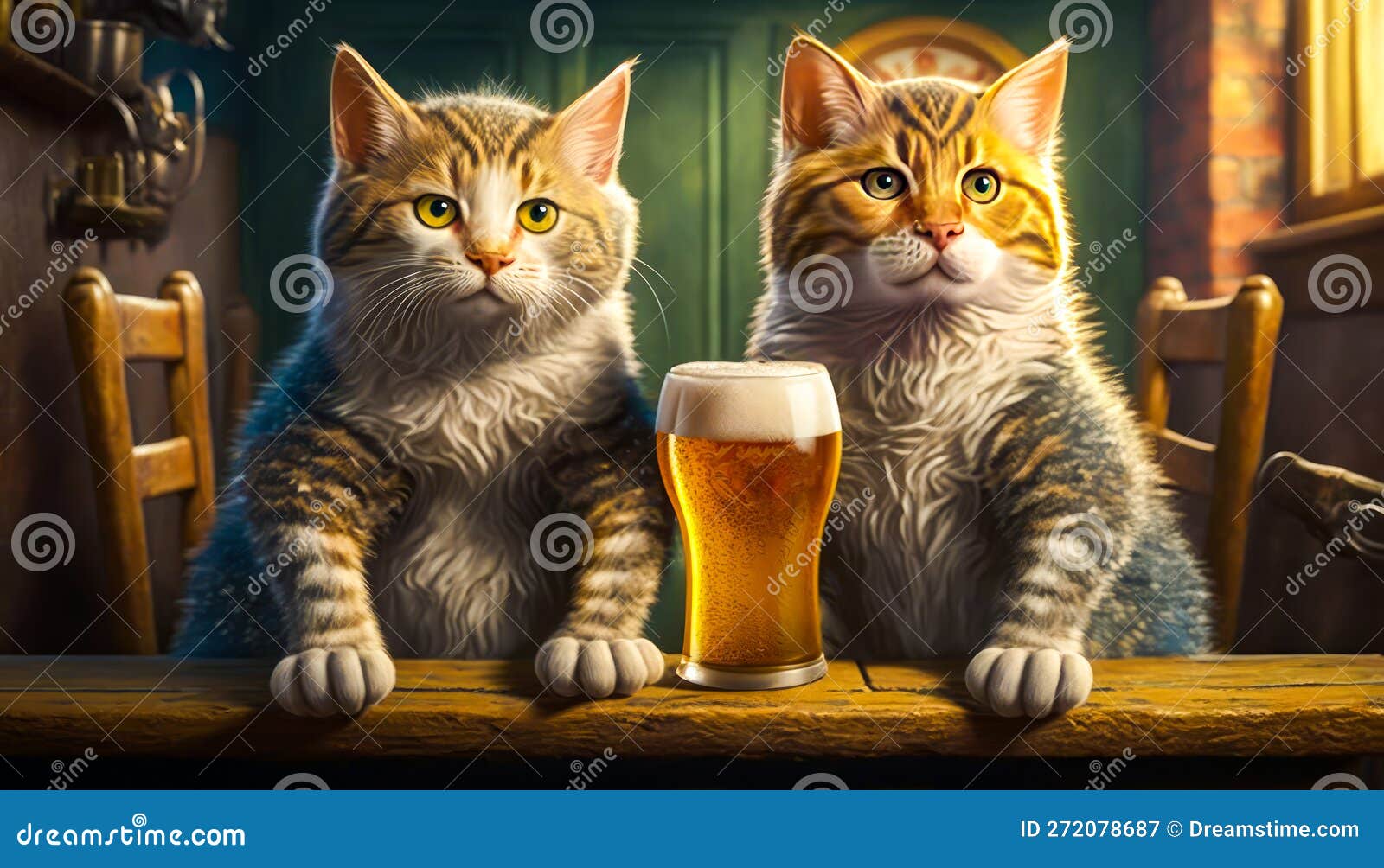 Two Cats Sitting at Bar with Beer in Front of Them. Generative AI Stock ...
