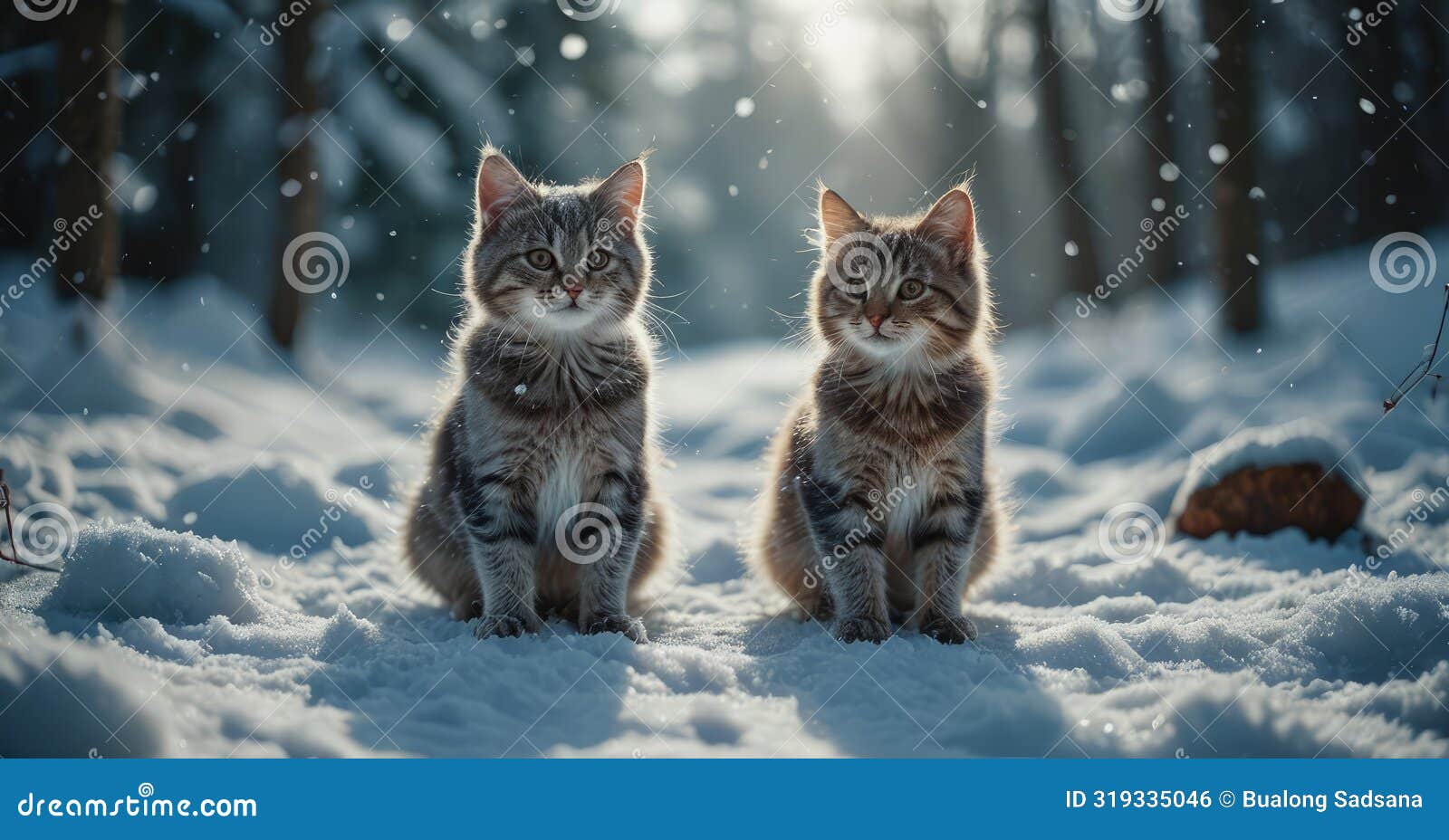 Two Cats are Sitting in the Snow in Front of a Forest. they are Facing ...