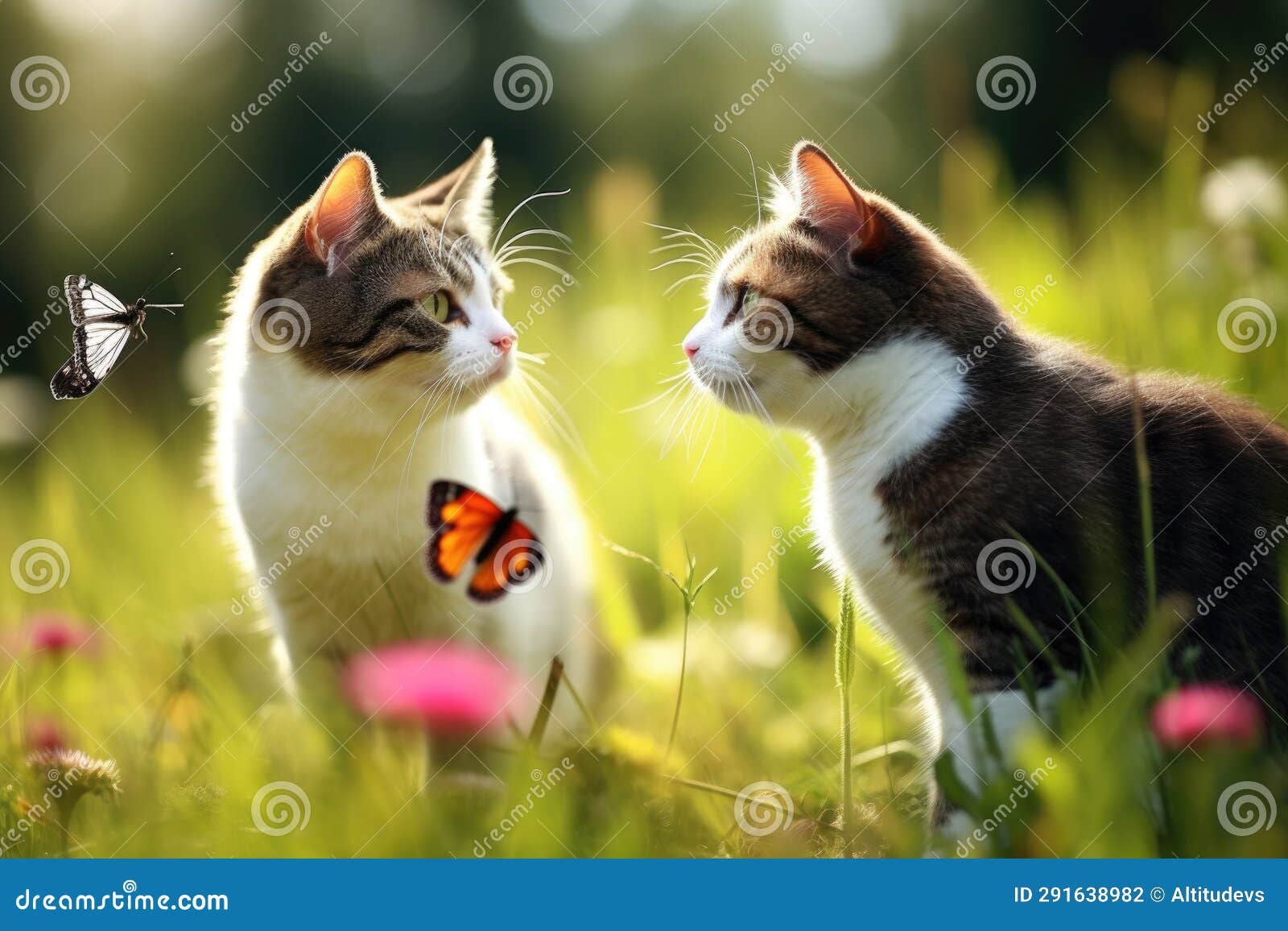 Two Cats Stalking the Same Butterfly in a Field Stock Photo - Image of ...