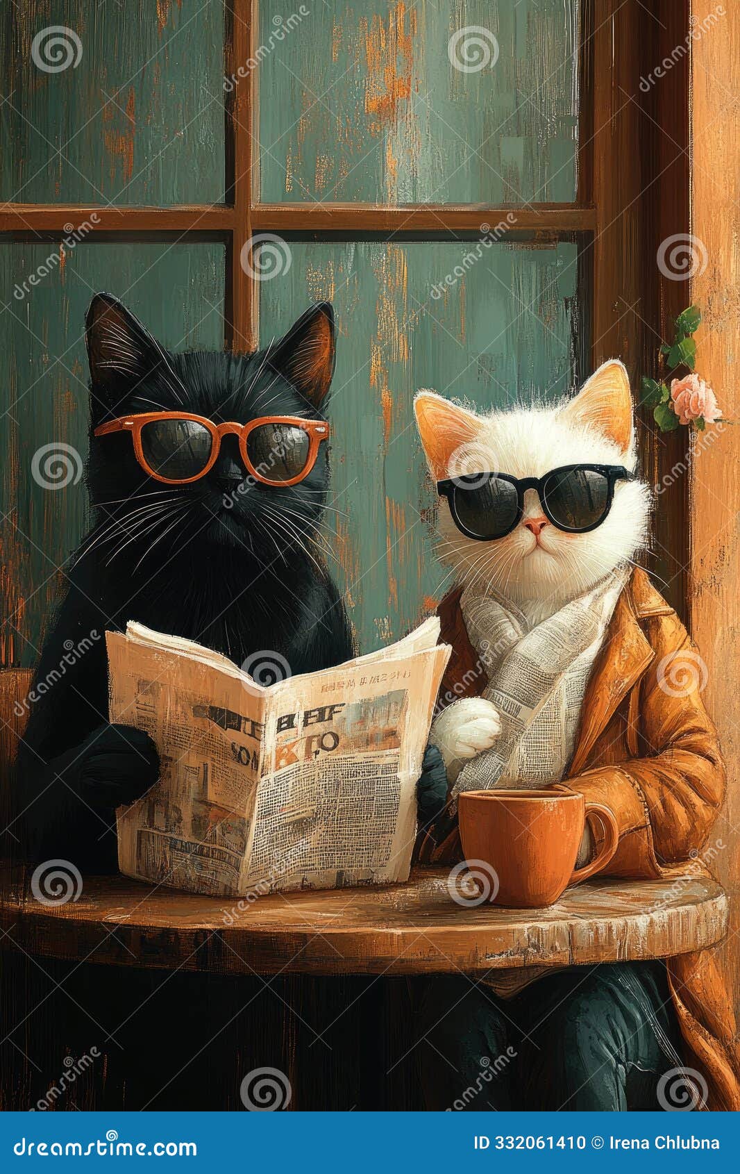 Two Cats Wearing Sunglasses Reading Newspaper and Drinking Coffee Stock ...