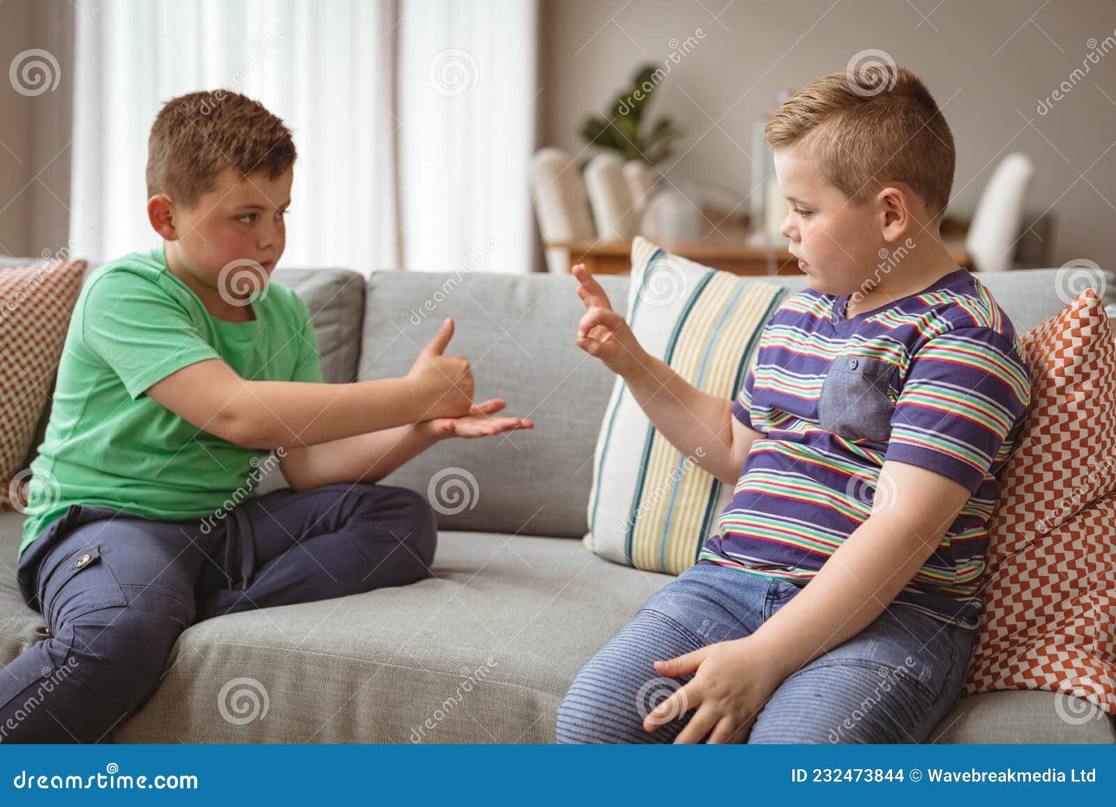 Two Caucasian Boys Communicating Using Sign Language while Sitting on ...