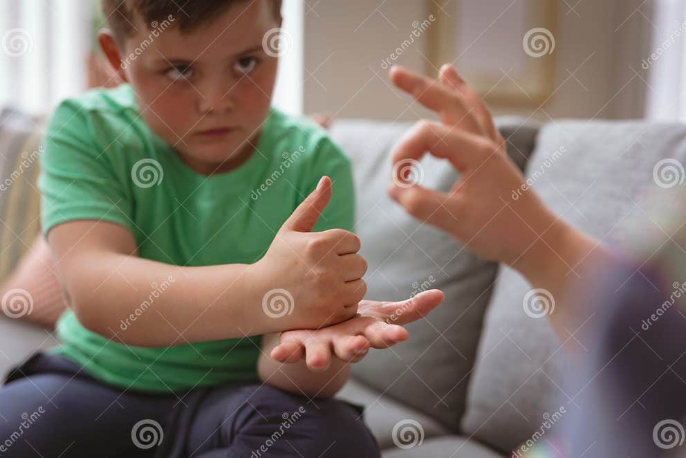 Two Caucasian Boys Communicating Using Sign Language while Sitting on ...