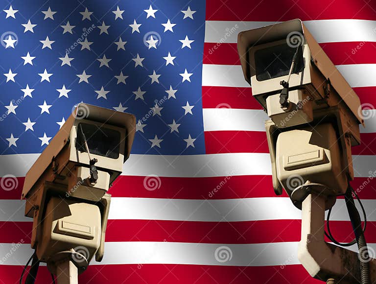 Two cctv cameras with flag stock illustration. Illustration of banner ...