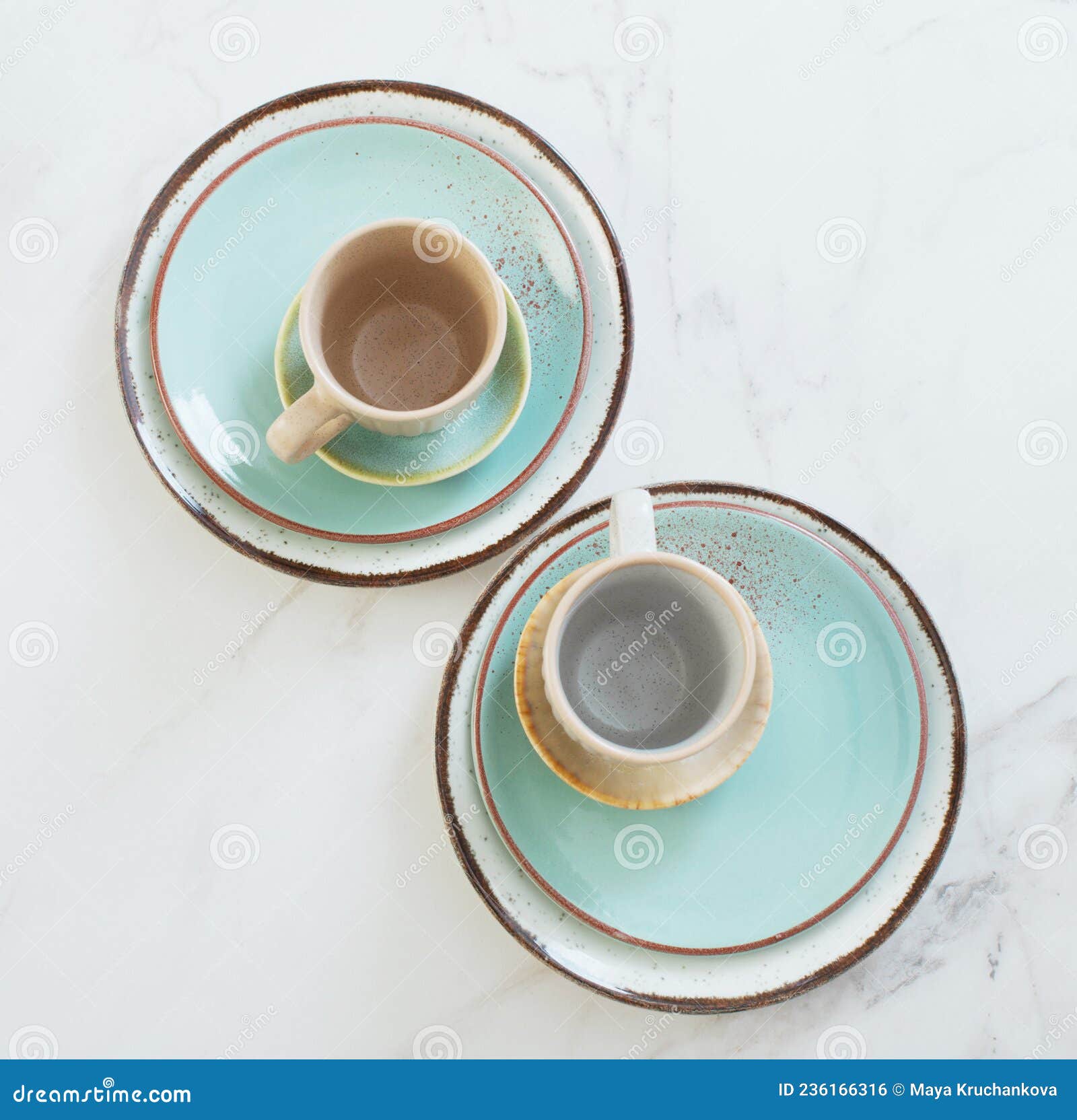 Ceramic Cups and Plates on White Marble Table Stock Photo - Image of ...