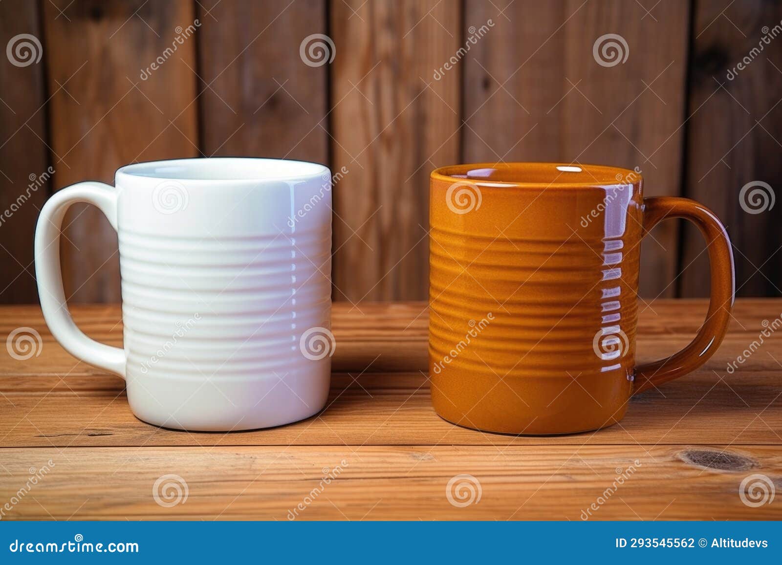 Two Ceramic Mugs Side by Side on a Wooden Desk Stock Photo - Image of ...