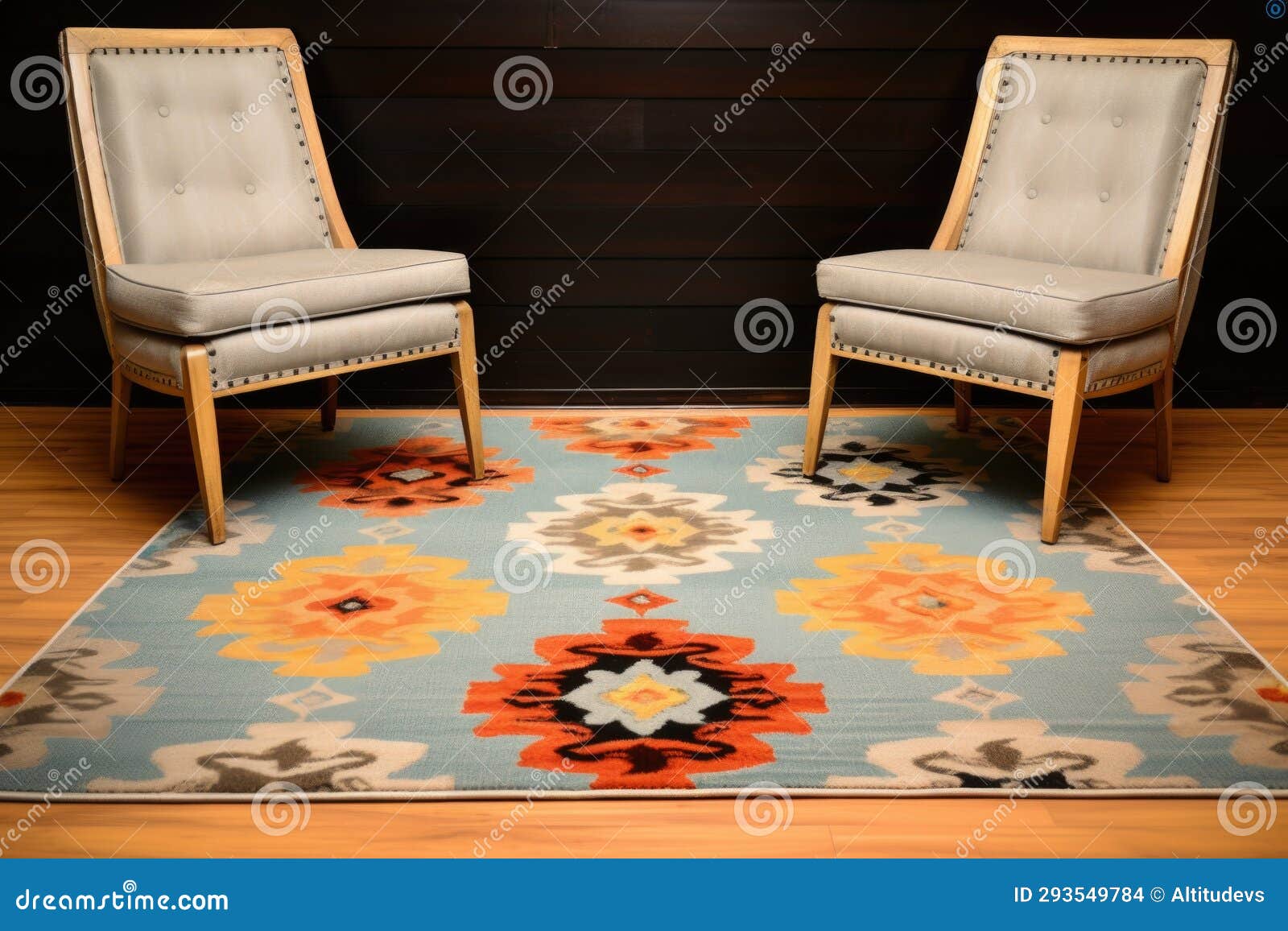 Two Chairs Facing Opposite Directions on a Rug Stock Illustration ...