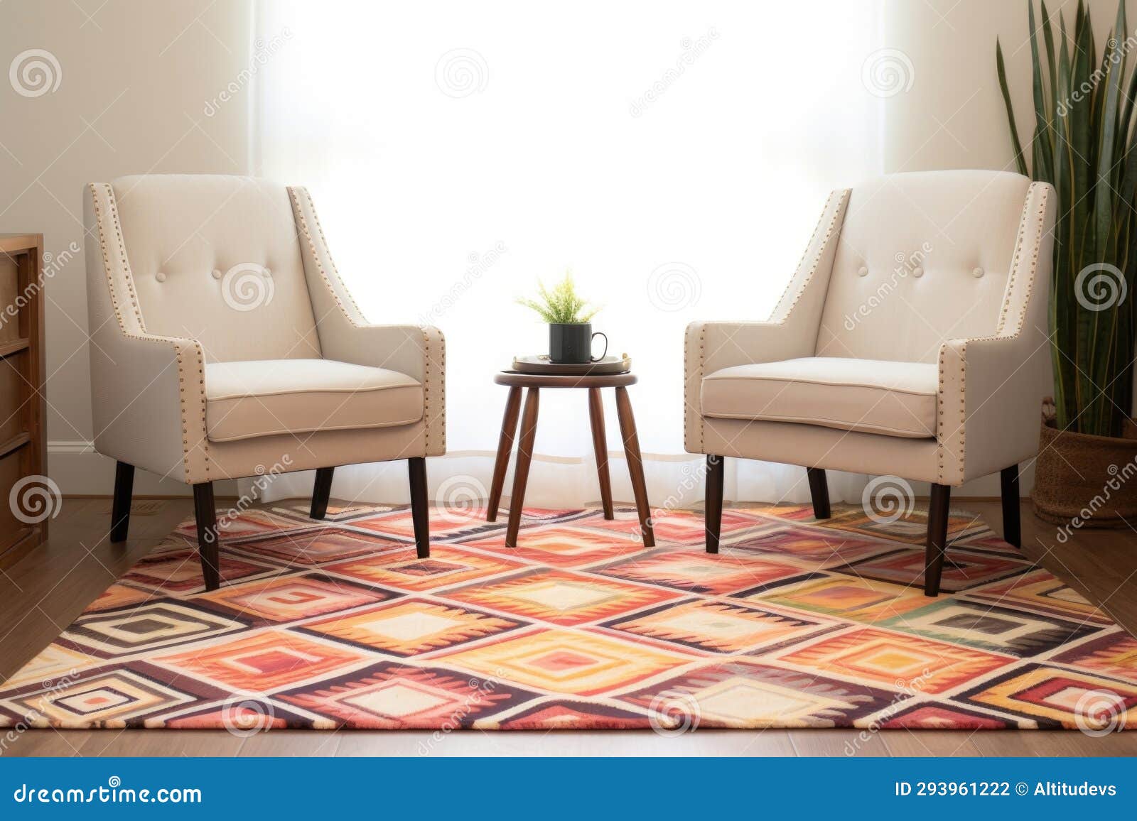 Two Chairs Facing Opposite Directions on a Rug Stock Photo - Image of ...