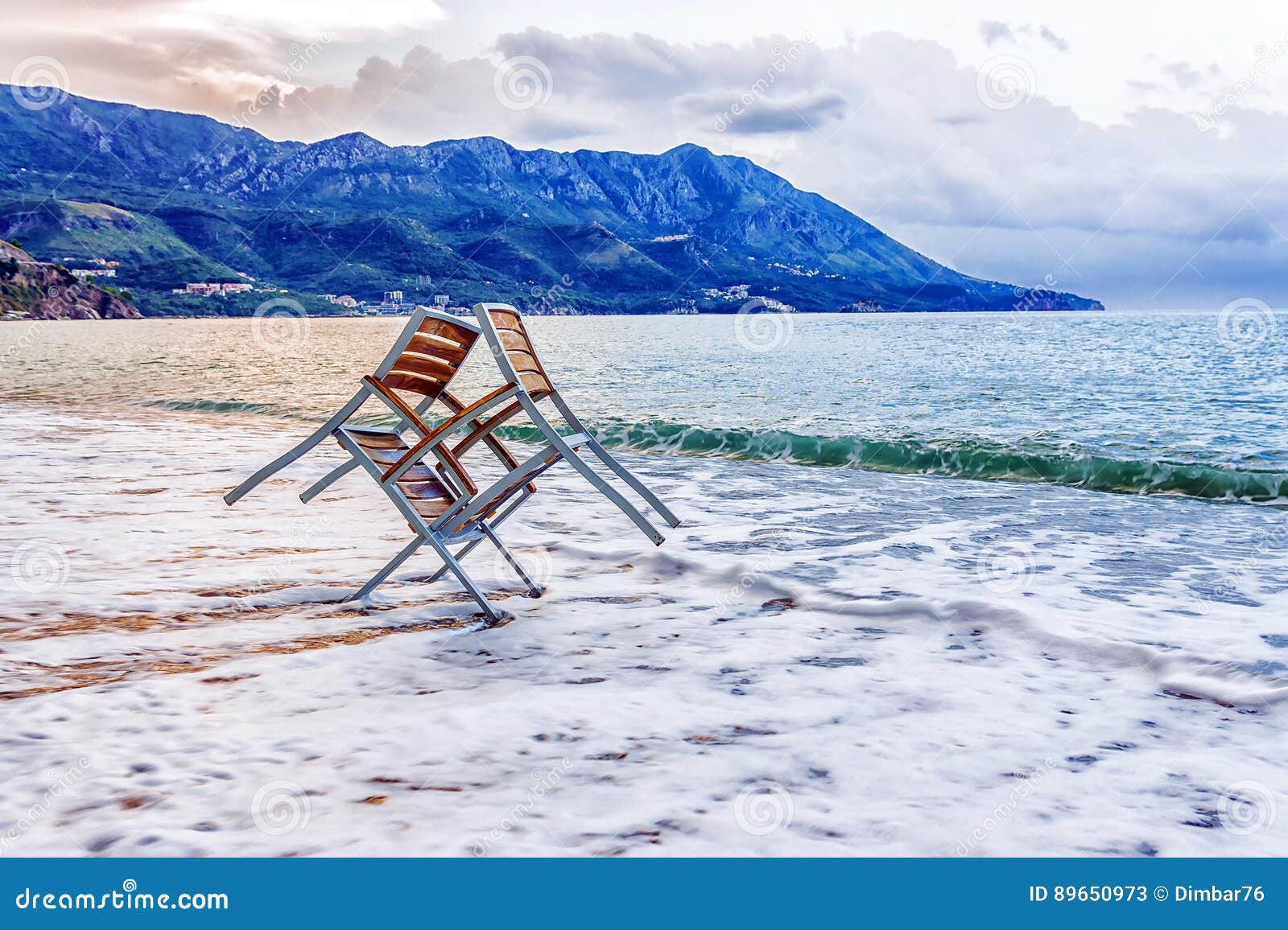 Two Chairs in the Sea Wave. Stock Image - Image of scenery, happy: 89650973