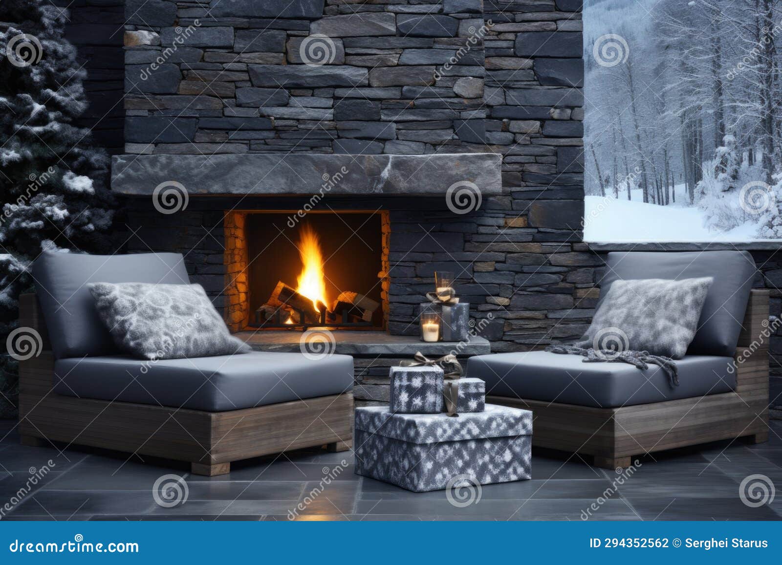 Two Chairs Sit in Front of a Fireplace with a Fire, AI Stock Photo ...