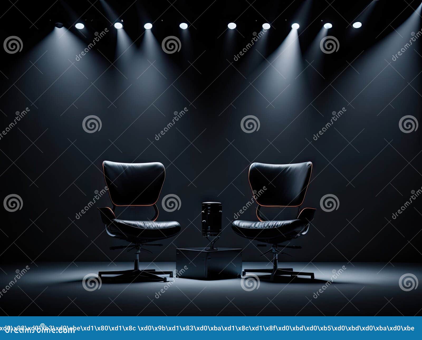 Two Chairs and Spotlights in Podcast or Interview on Black Background ...